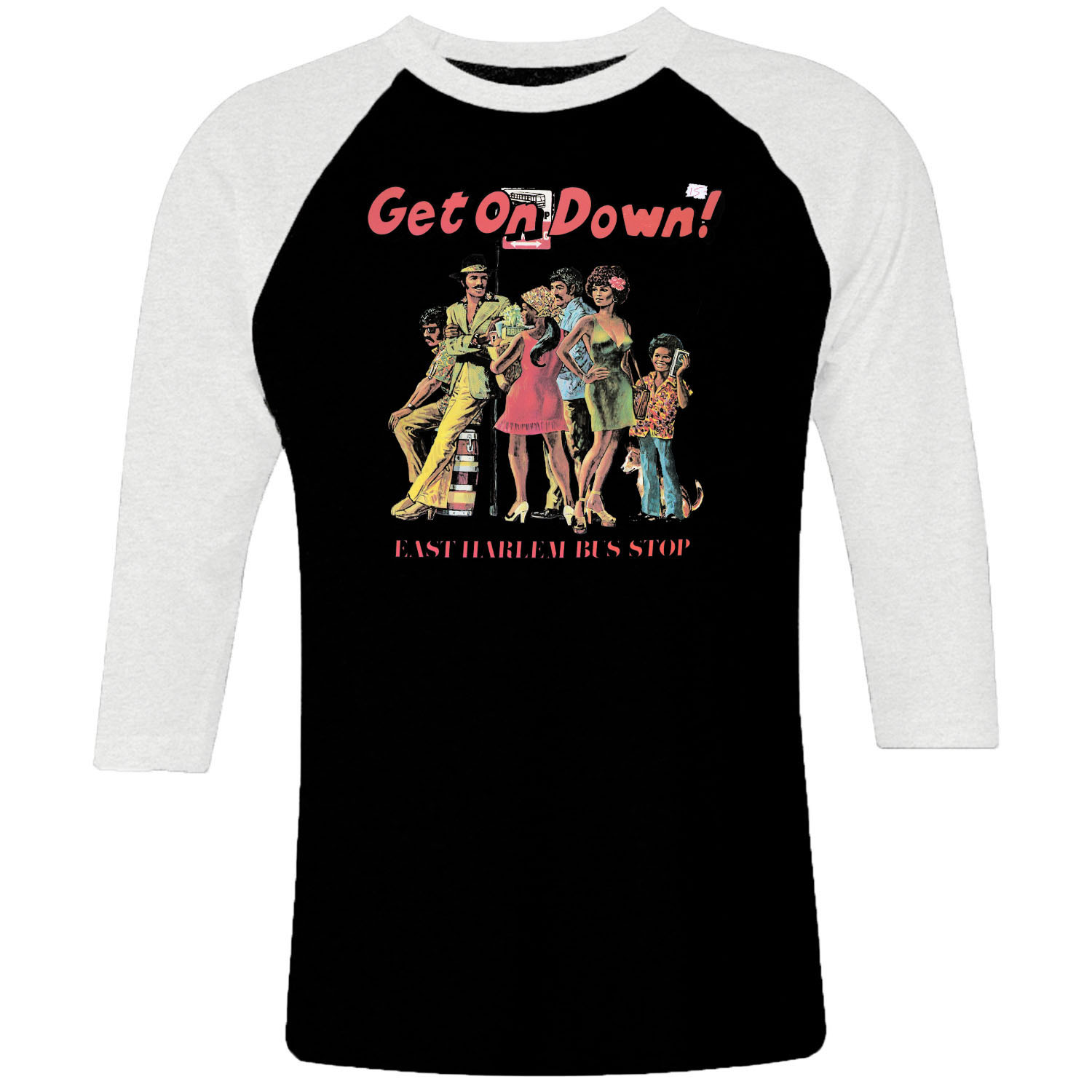 East Harlem Bus Stop Get On Down! 1976 raglan t-shirt 3/4 sleeve
